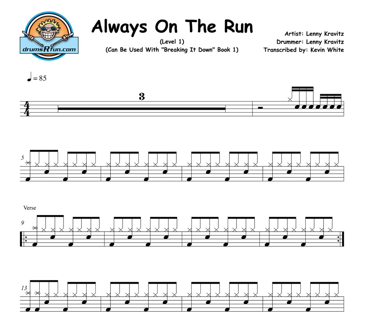 Lenny Kravitz, Always On The Run Drum Transcription Level 1